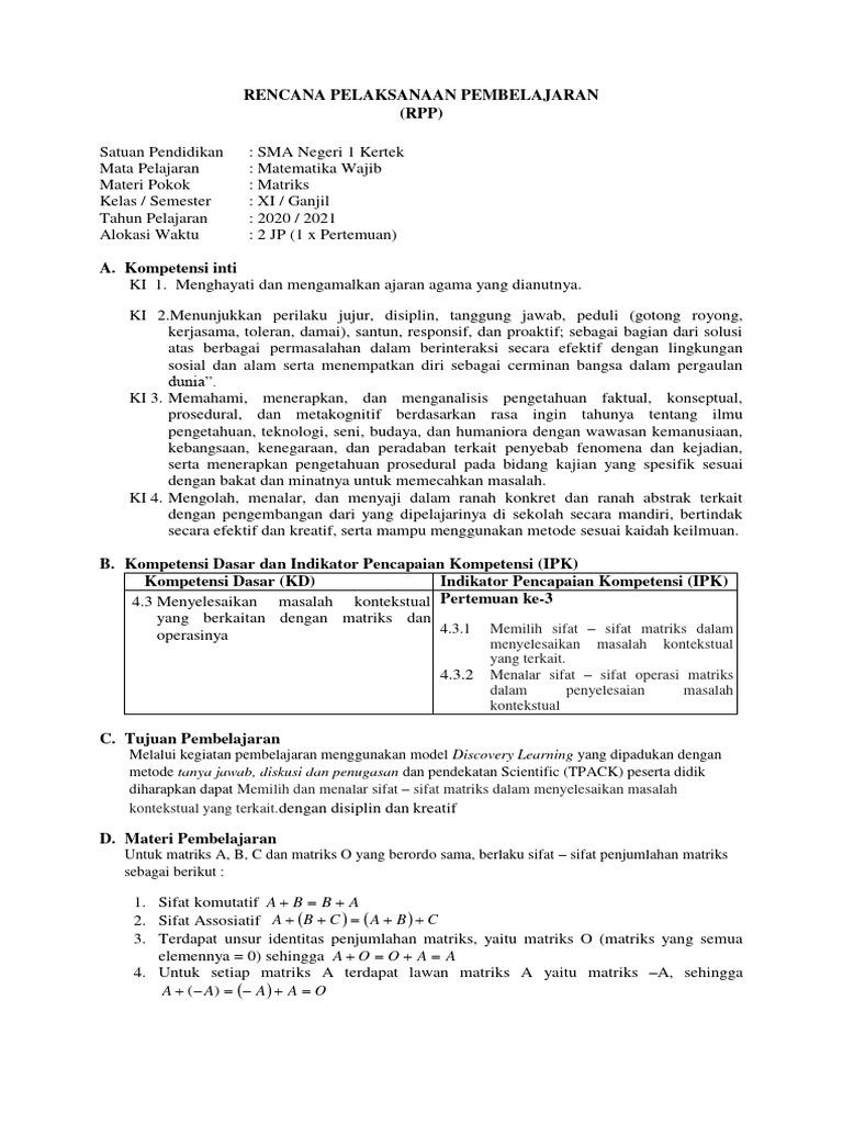 RPP Matriks 3 Pertemuan | PDF