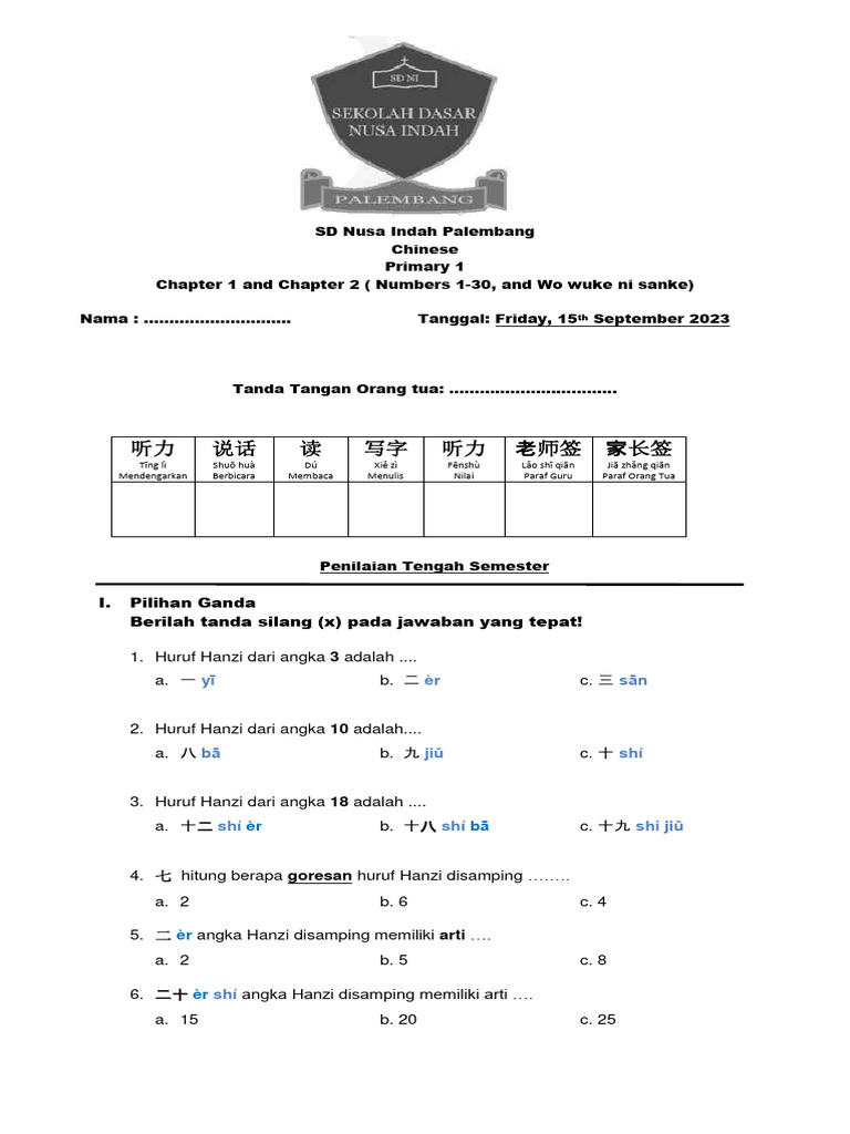 Soal Hanzi dan Angka Mandarin Kelas 1 | PDF | Seni & Disiplin Bahasa
