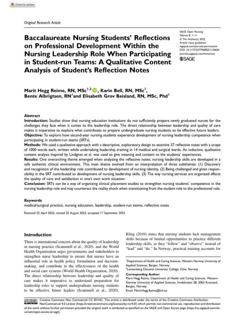 Reime Et Al 2022 Baccalaureate Nursing Students Reflections On Professional Development Within ...