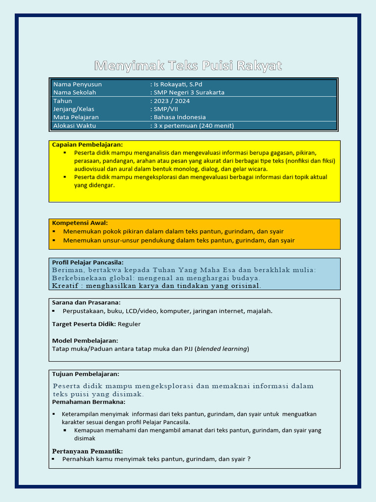 Modul Ajar Marbi Klas 7 Bab 3 PUISI RAKYAT-Menyimak-ed | PDF