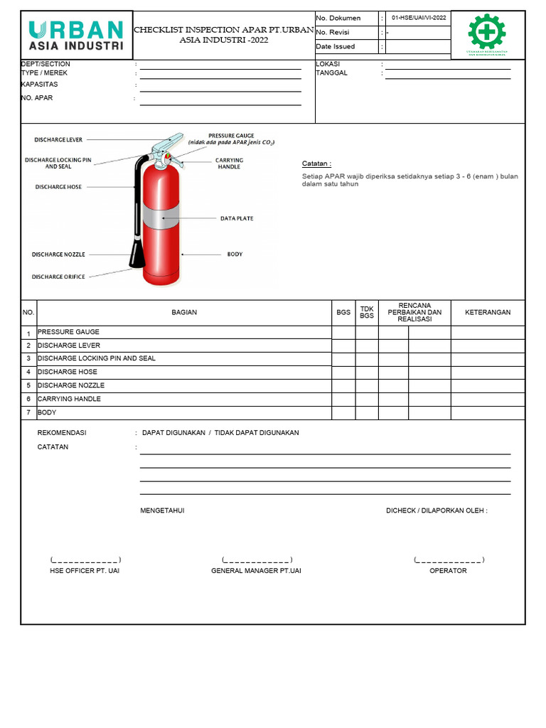 Checklist Inspeksi APAR PT UAI 2022 | PDF