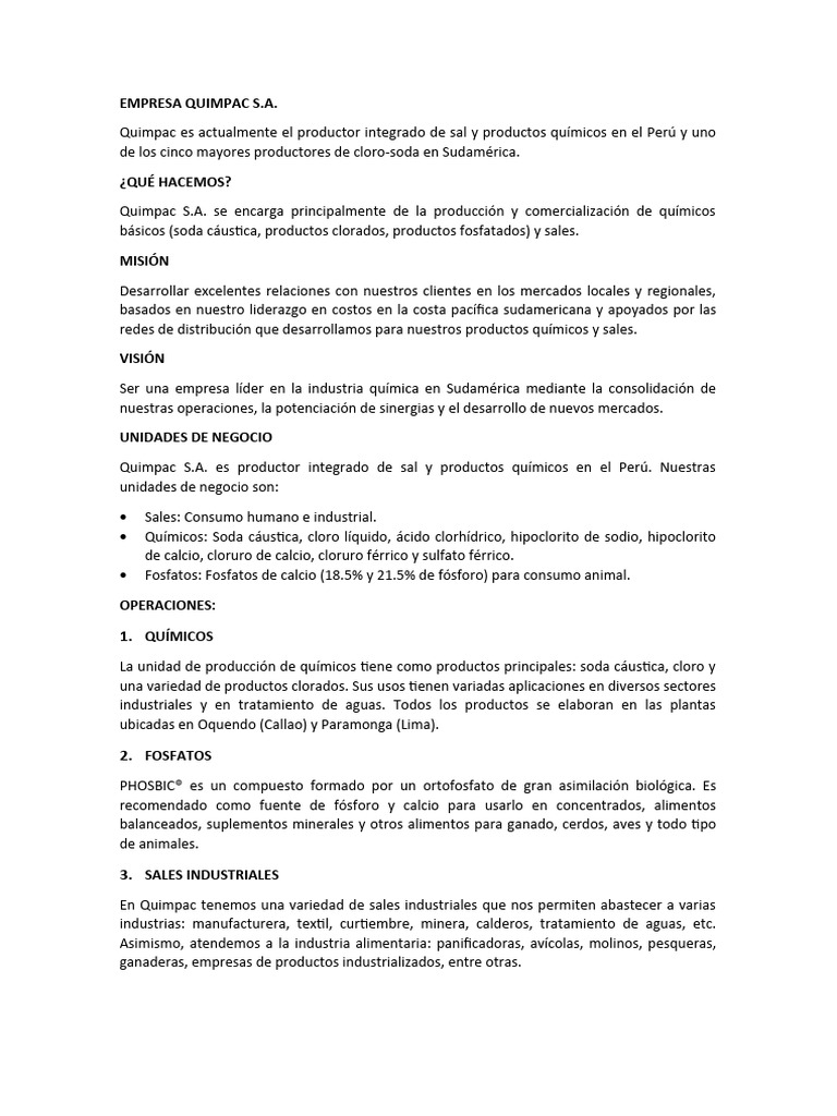 Empresa Quimpac S | PDF | Industria química | América del Sur