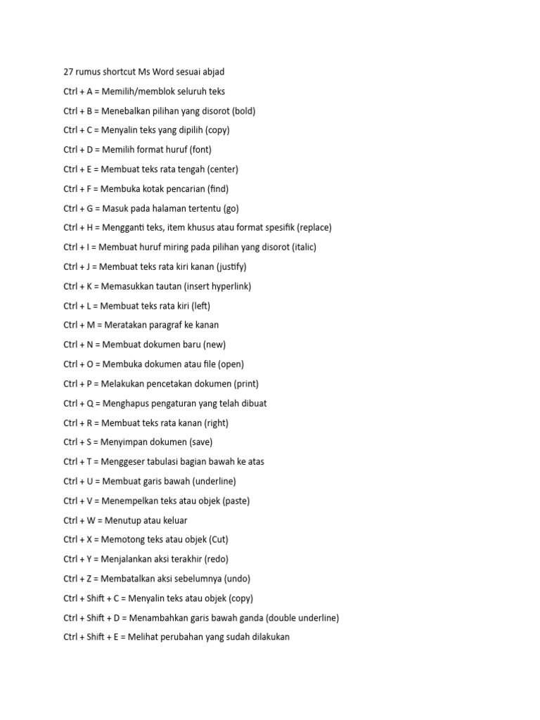 27 Rumus Shortcut Ms Word Sesuai Abjad | PDF