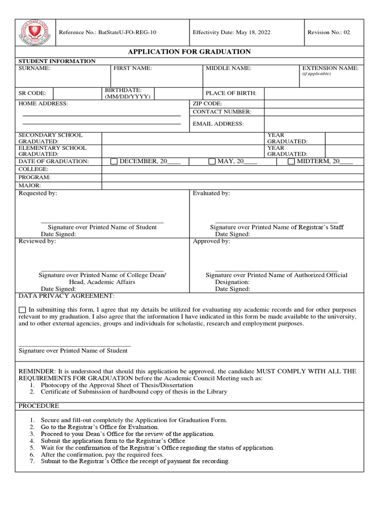 BatStateU-FO-REG-10 - Application For Graduation - Rev. 02 | PDF
