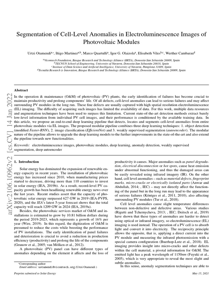 Segmentation of Cell-Level Anomalies in Electroluminescence Images of Photovoltaic Modules | PDF