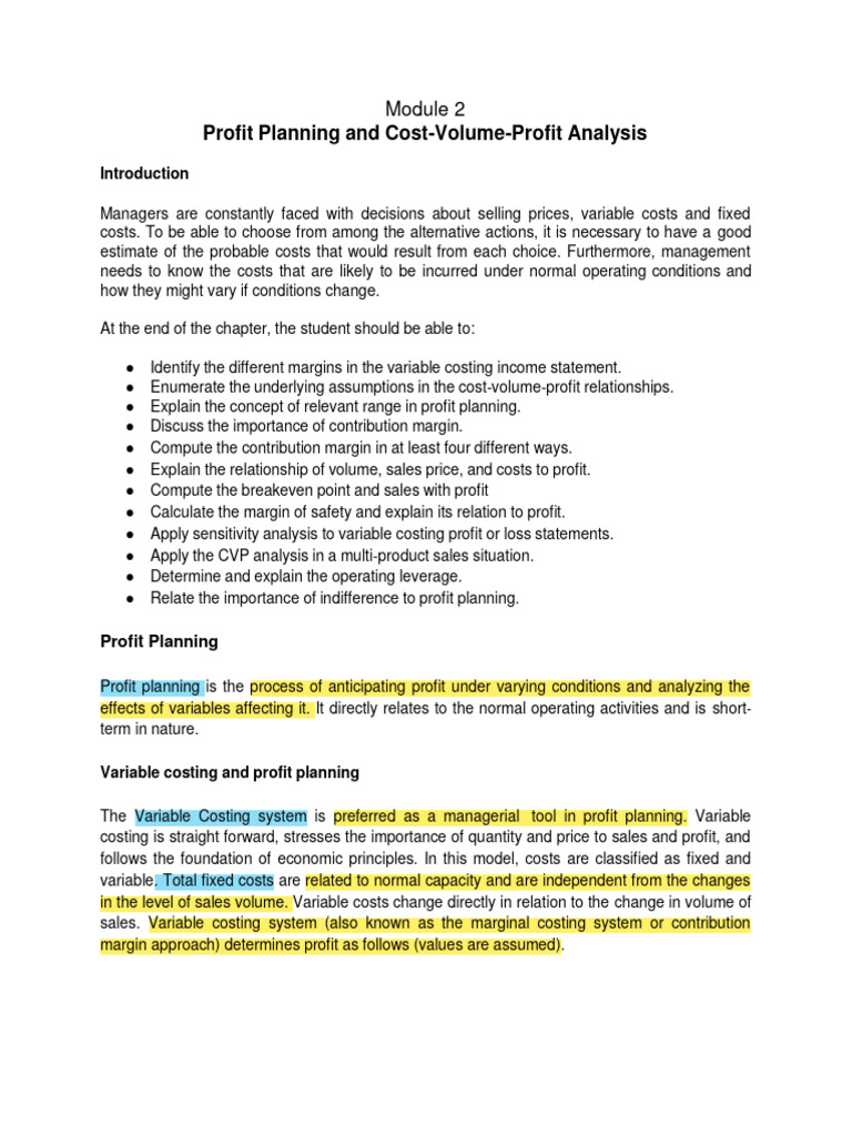 CVP Analysis and Profit Planning Insights | PDF | Business Economics ...