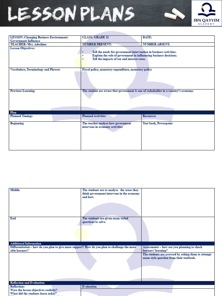 LESSON PLAN Business Studies Week 5 | PDF | Learning | Teachers