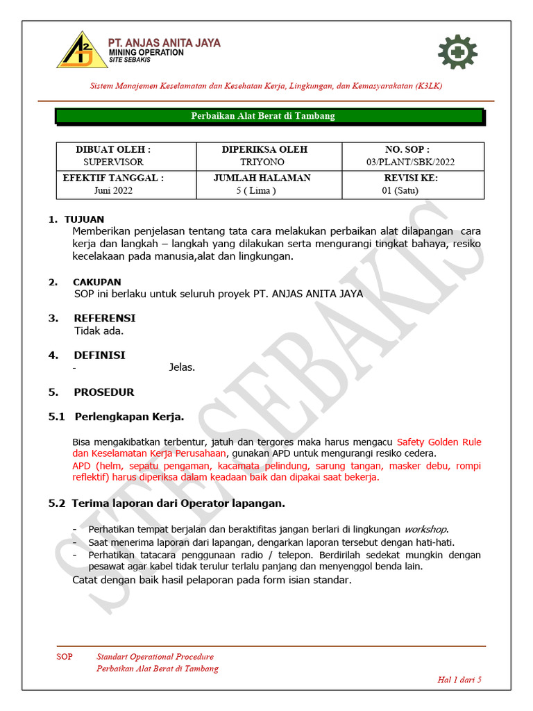 SOP - Perbaikan Alat Berat Di Tambang | PDF