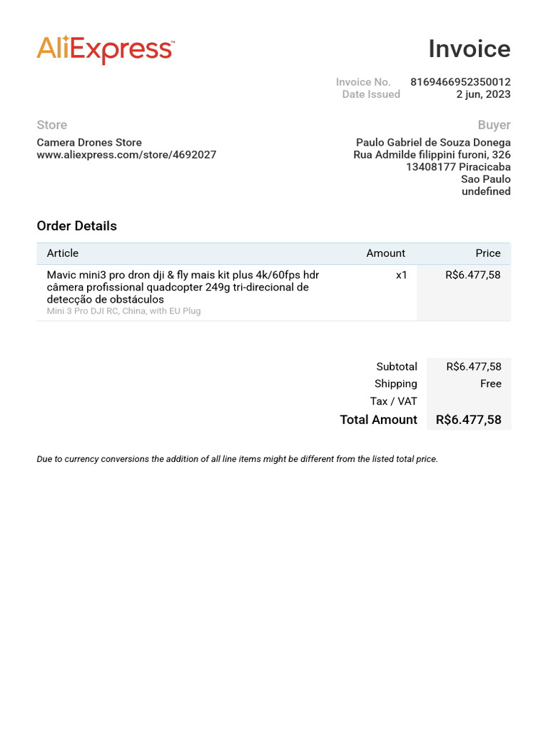 Invoice Mini 3 Pro Aliexpress | PDF