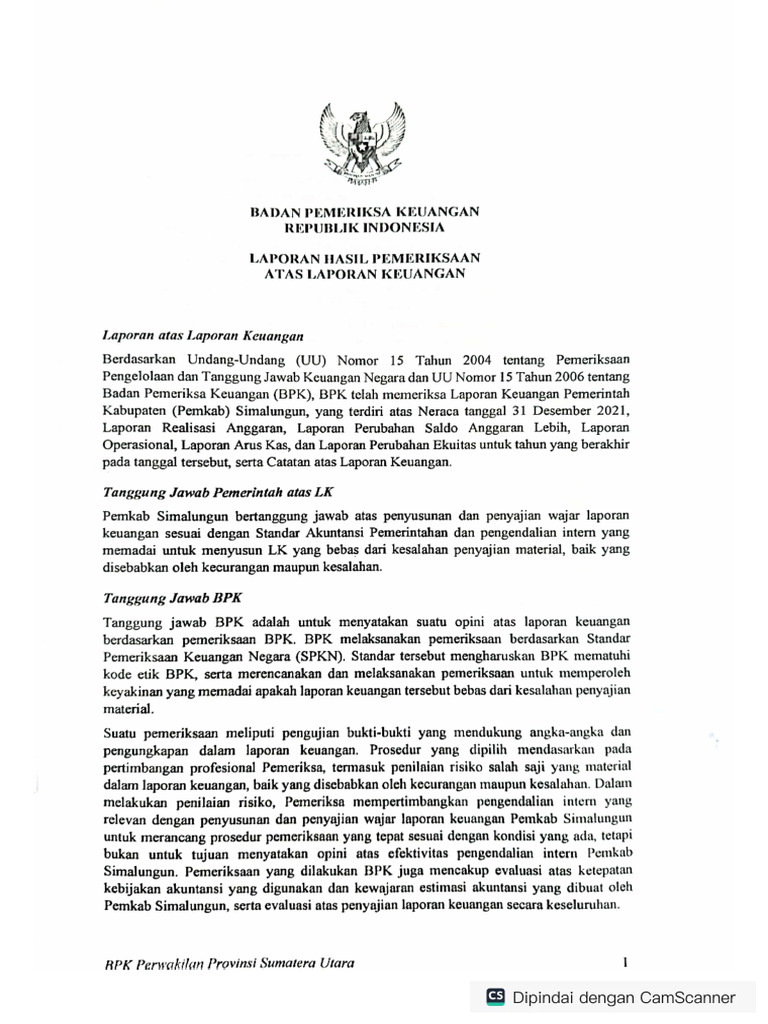 Contoh Opini BPK 2021 | PDF