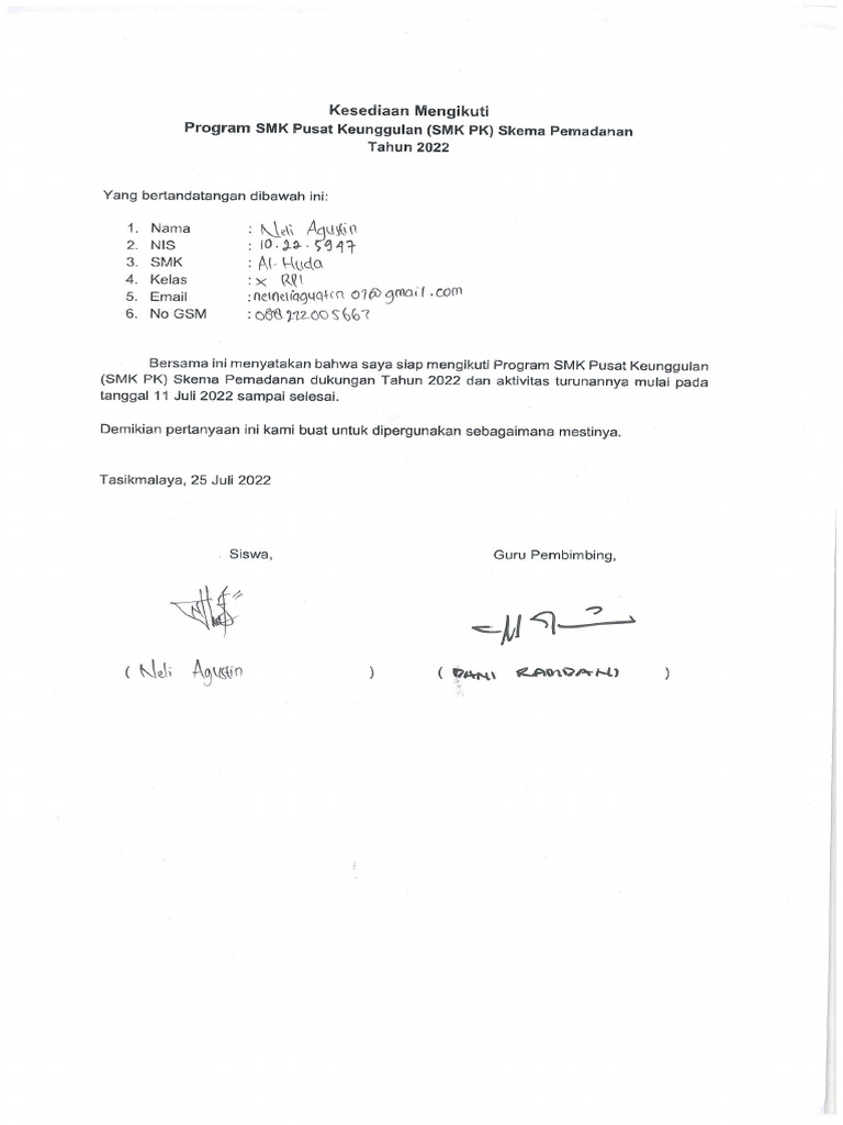 Surat Kesediaan Mengikuti Program SMK PK Al-Huda Sariwangi | PDF