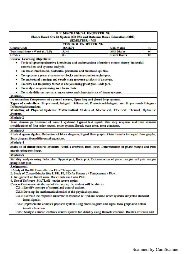 18ME71 Control Engineering Syllabus. | PDF