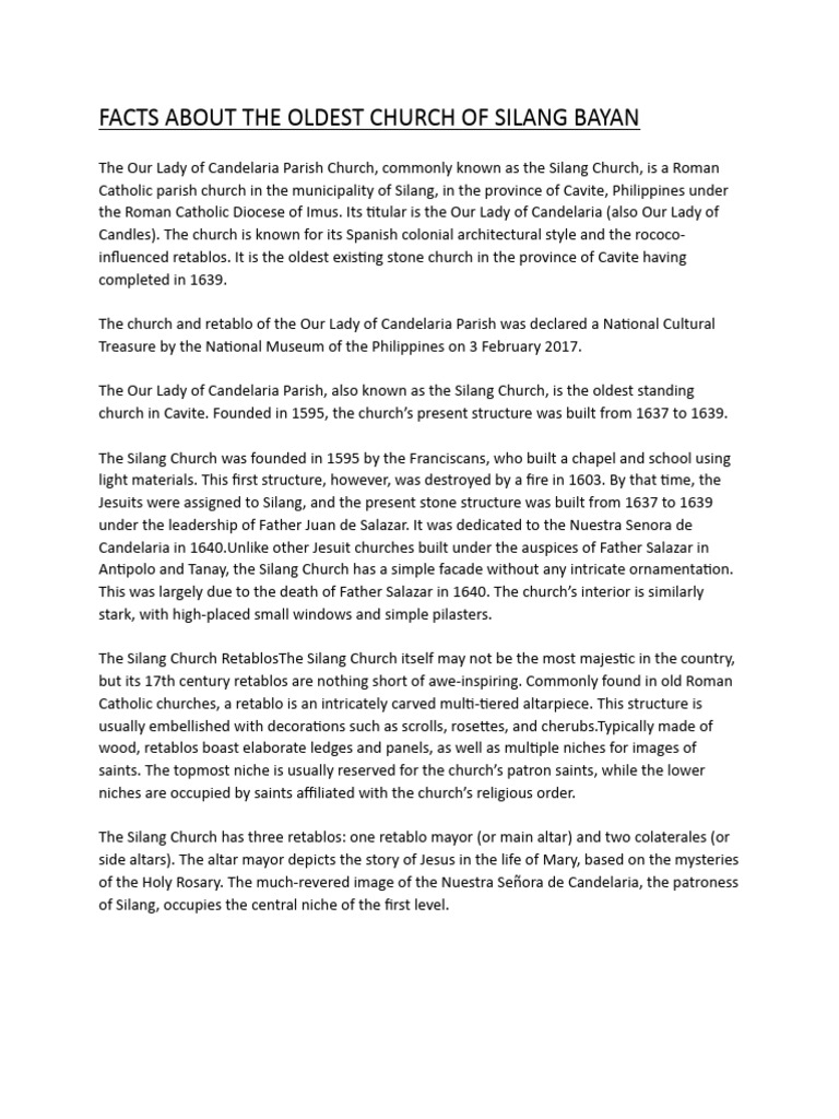 FACTS ABOUT THE OLDEST CHURCH OF SILANG BAYAN | PDF
