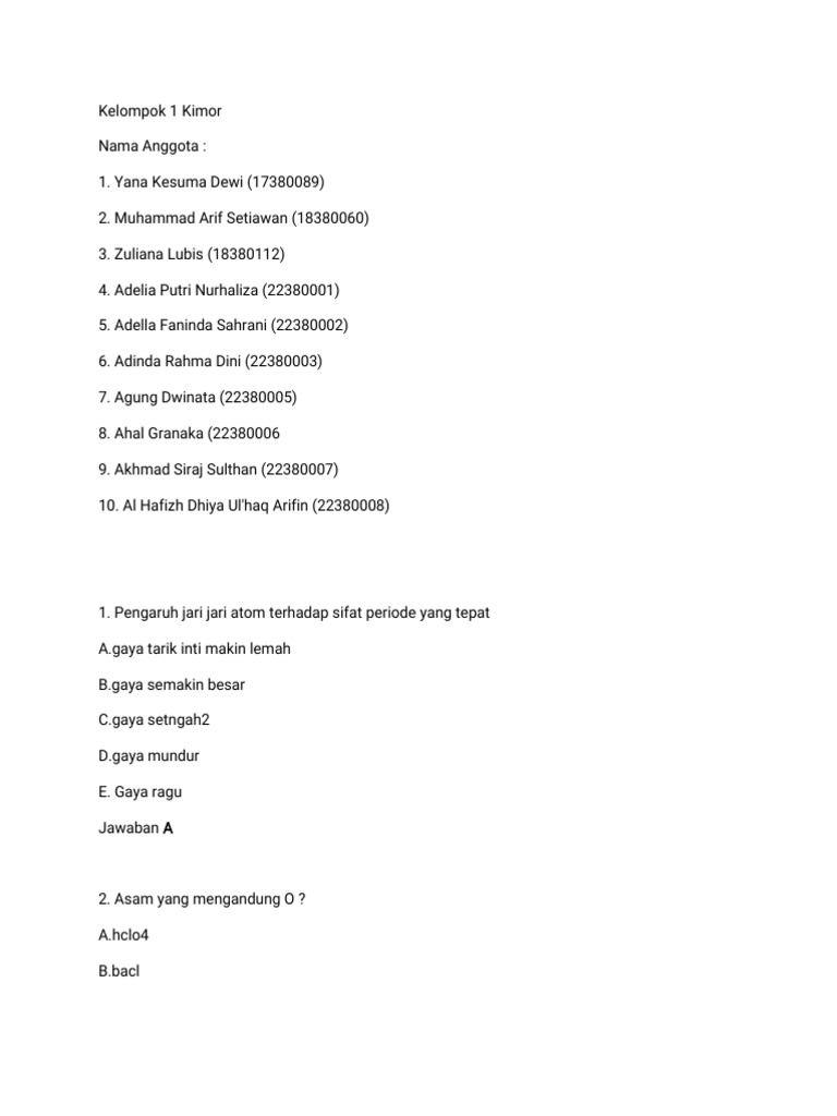 Kuis Kimia Kelompok 1 | PDF