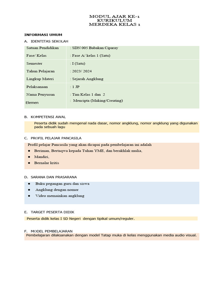 Modul Ajar Angklung Fase a Pertemuan Ke-1 Mencipta | PDF