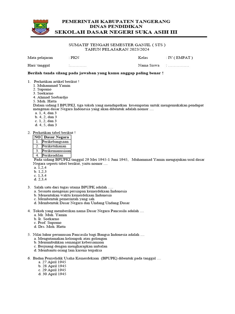 Soal PTS PKN Kelas 4 | PDF