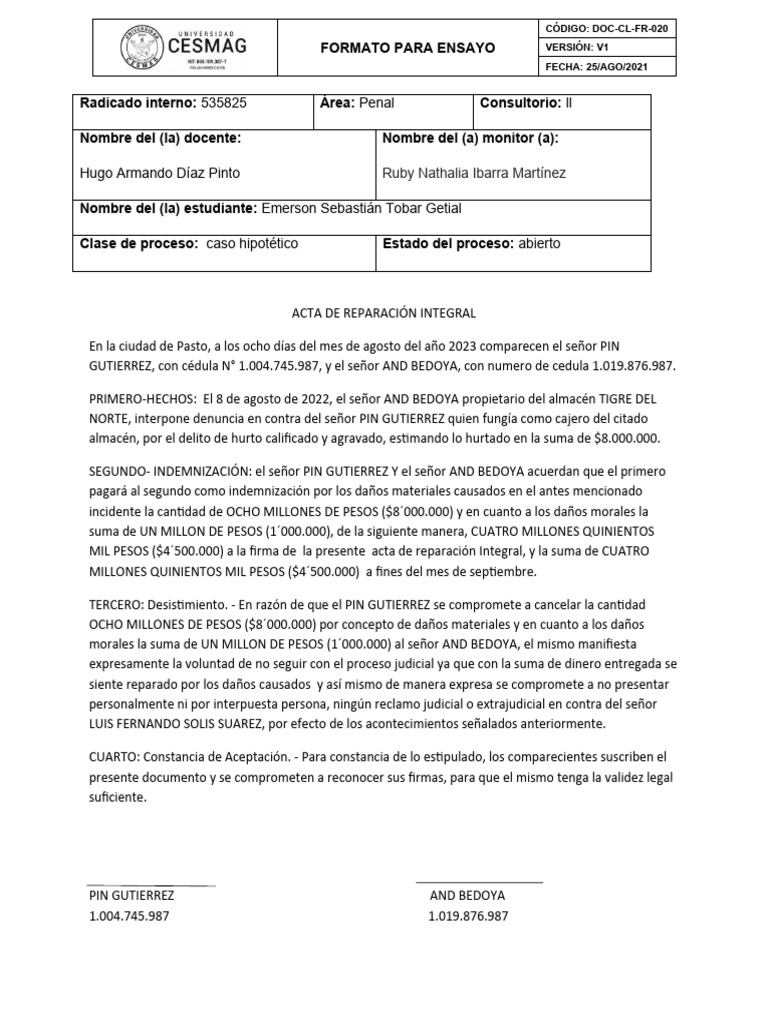 Acta de Reparacion Integral | PDF