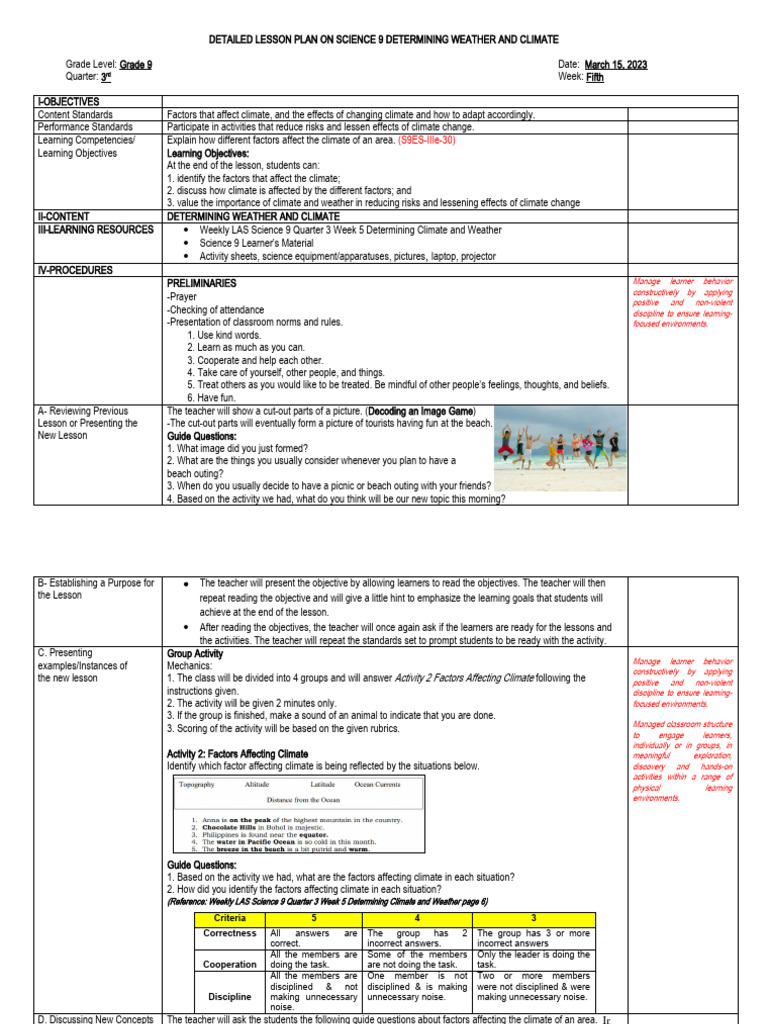 Grade 9 Science Lesson Plan: Weather & Climate | PDF | Learning | Teachers