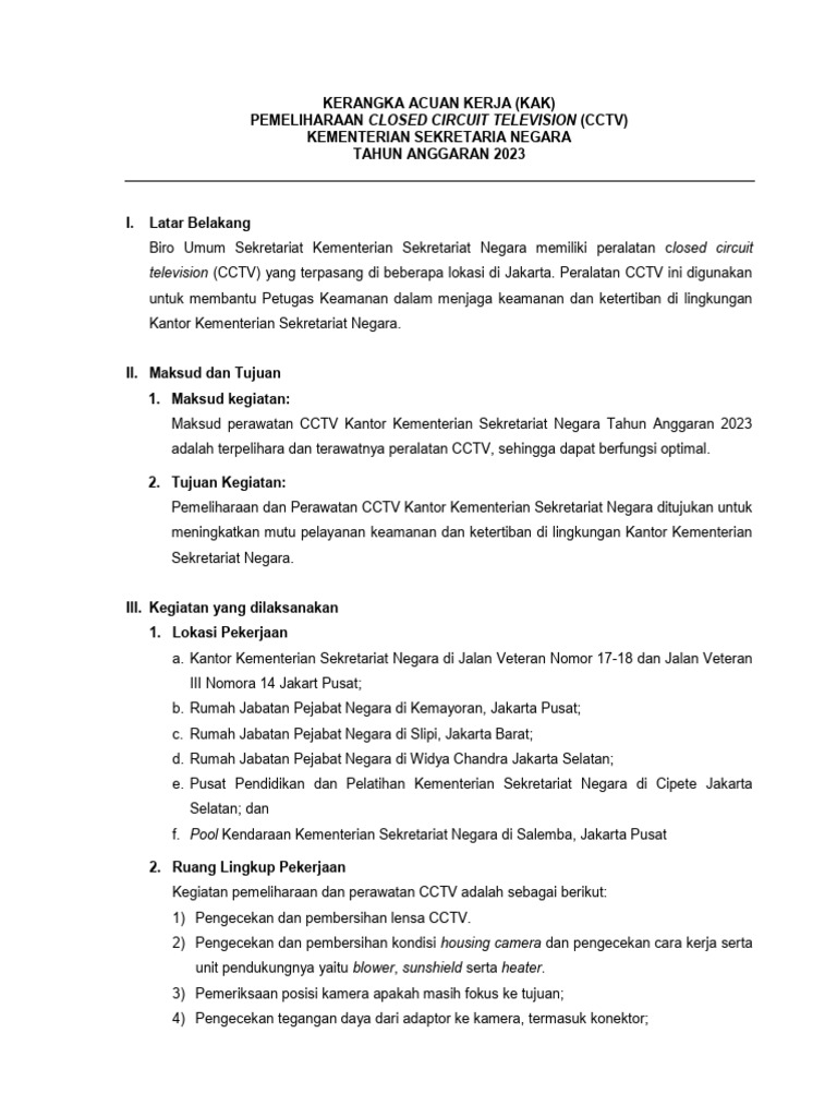 KAK Pengadaan Jasa Pemeliharaan CCTV Di Lingkungan Satuan Kerja Sekretariat Kementerian ...