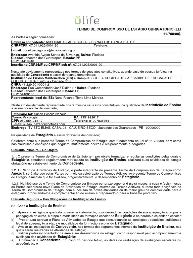 Contrato Estágio Obrigatório Ext (PDF) Estagiário Susan Priscila ...
