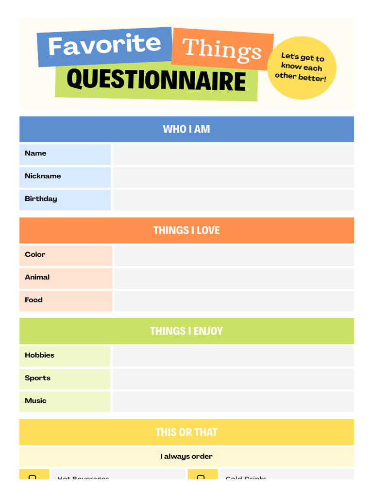 Favorite Things Questionnaire Doc in Blue Orange Green Playful Style | PDF