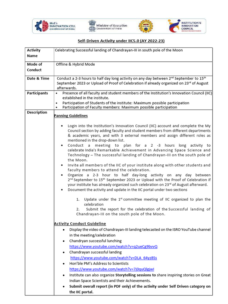Self Driven Activity For IIC - Chandrayan III & Activating IIC | PDF | Science & Mathematics
