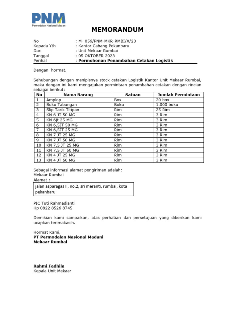 Permohonan Penambahan Cetakan Logistik | PDF