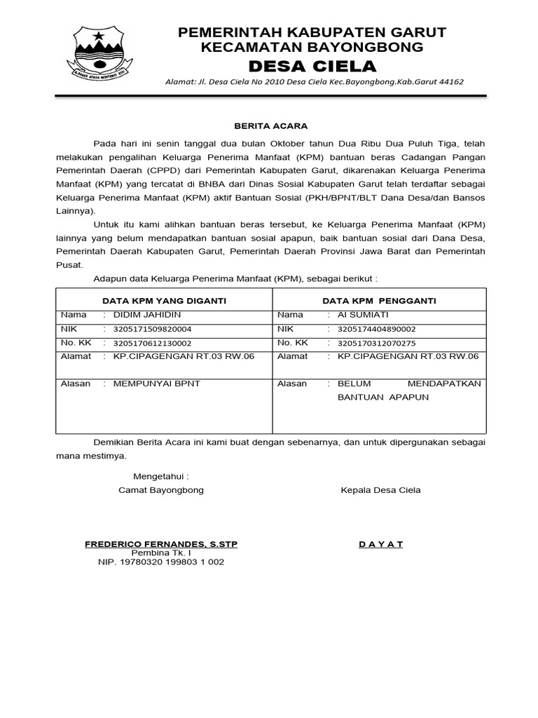 Berita Acara Pergantian KPM Bantuan CPPD Dari Pemda Garut | PDF