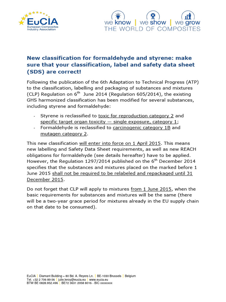 New Labelling For Formaldehyde and Styrene | PDF | Occupational Safety ...