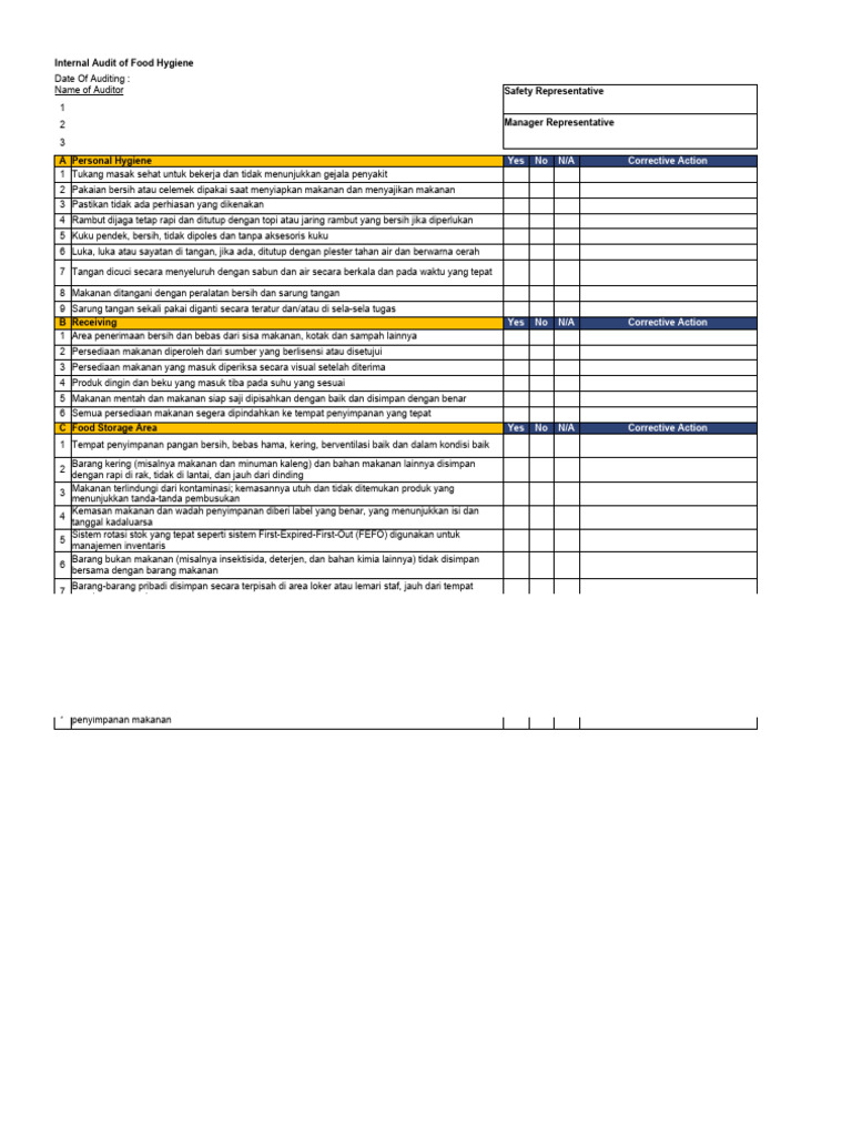 Internal Auditing of Food Hygiene, Camp and Warehouse - Indonesia Versions | PDF