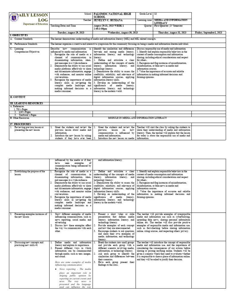 DLL MIL QUARTER 1 WEEK 1 | PDF