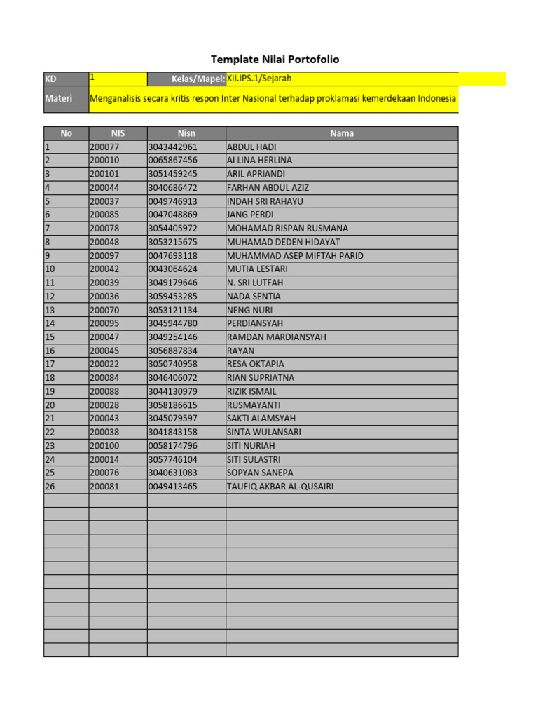 Template Nilai Portofolio-XII - IPS.1-Sejarah | PDF Template Nilai Portofolio-XII - IPS.1-Sejarah | PDF