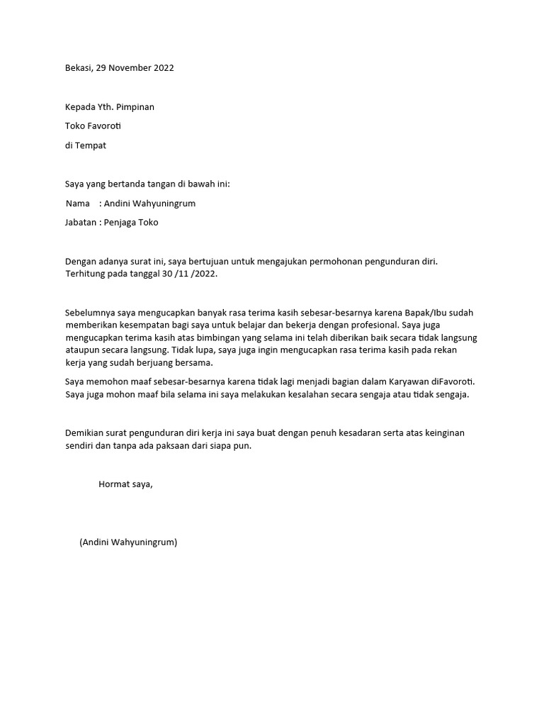 Surat Resign Kerja 2022 | PDF