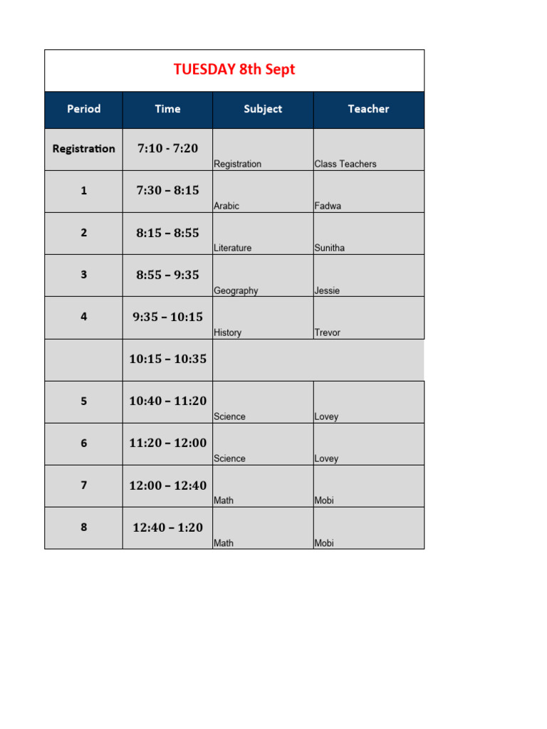 6F Tuesday Schedule 8th Sept | PDF