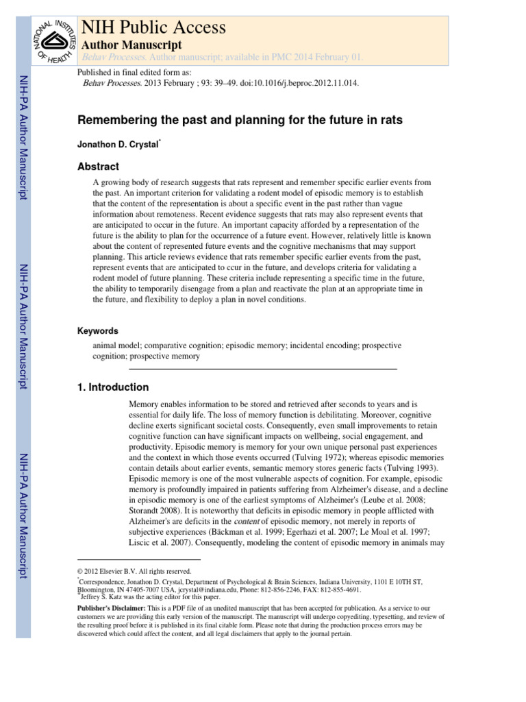 Remembering The Past and Planning The Future in Rats | PDF