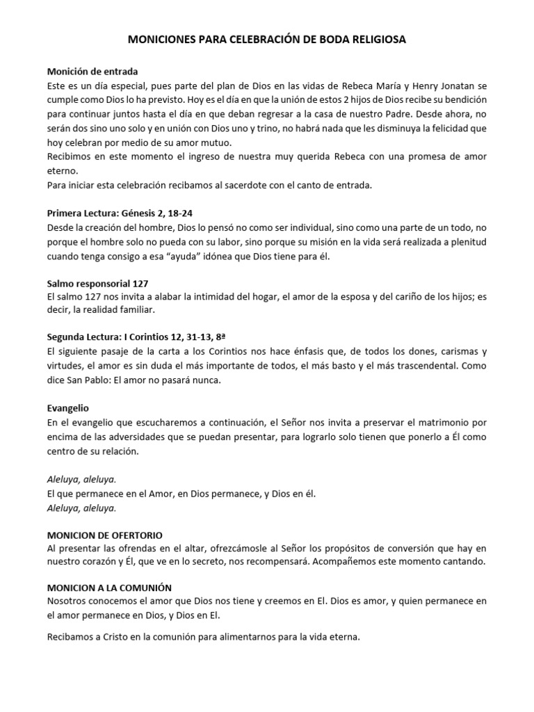 Monicion para Celebración de Boda Religiosa | PDF