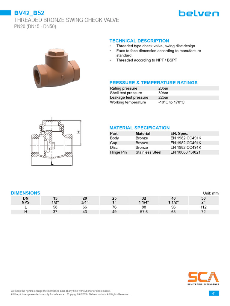 BV42 - B52 Threaded Bronze Swing Check Valve PN20 (DN15-DN50) | PDF