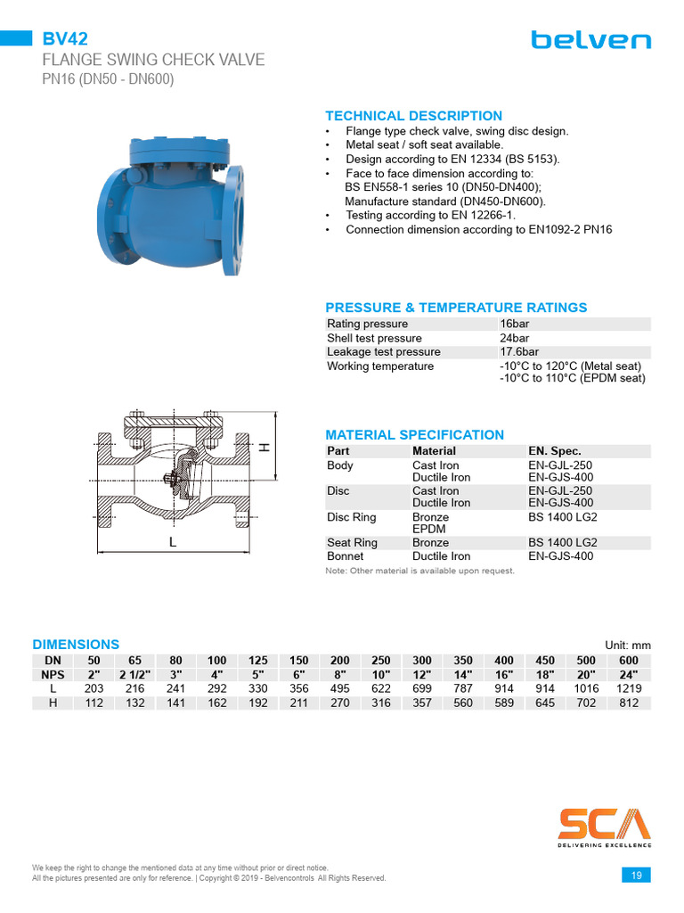 BV42 Flange Swing Check Valve PN16 (DN50-DN600) | PDF