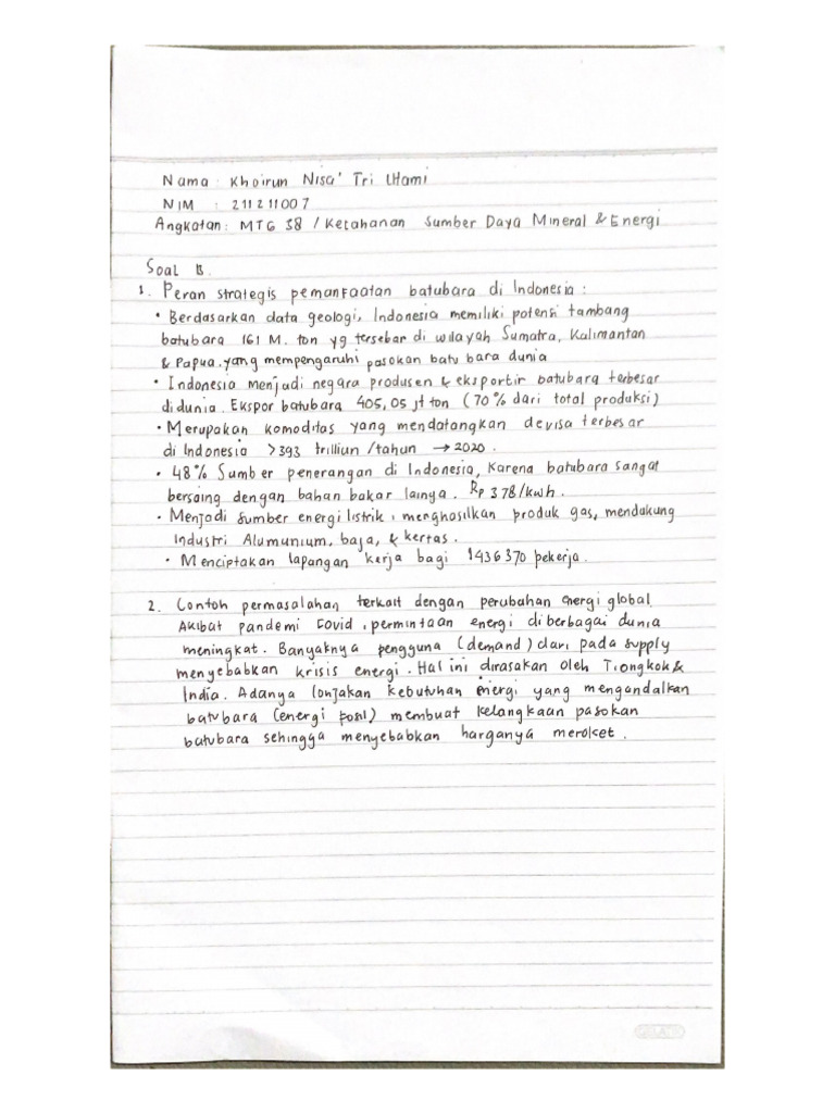 UAS Soal B - Ketahanan Sumber Daya Mineral & Energi - Khoirun Nisa - 211211007 | PDF