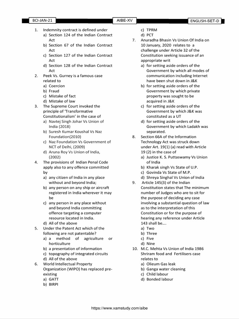 Aibe Question Paper 15 Set D | PDF