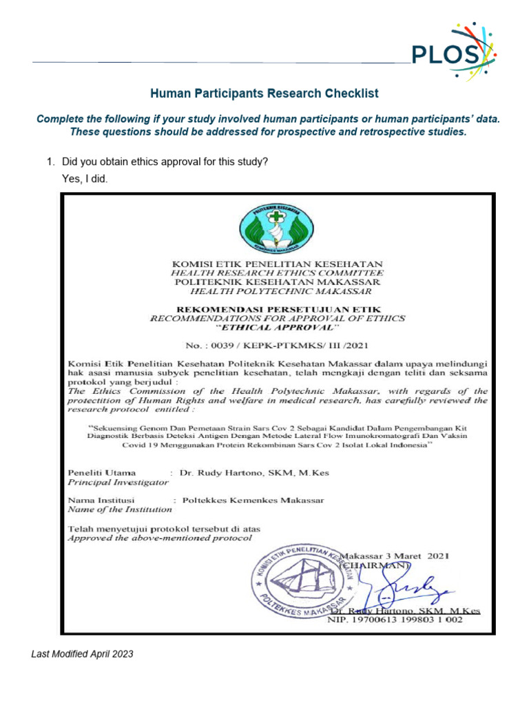 PLOSOne Human Subjects Research Checklist | PDF