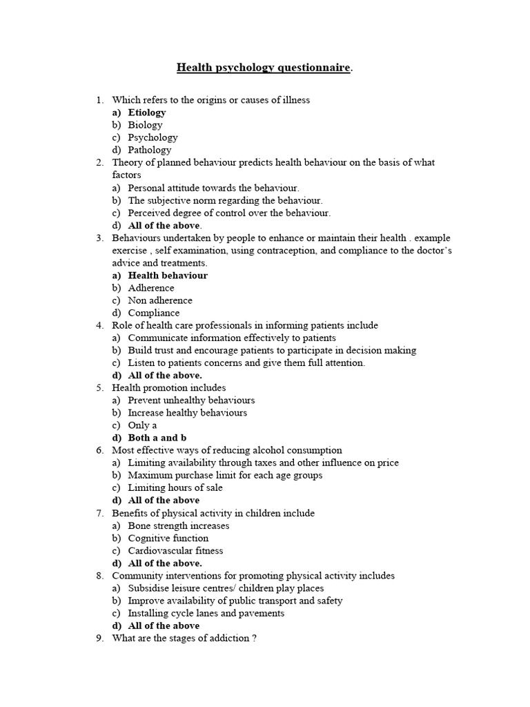 Health Psychology Questionnaire | PDF