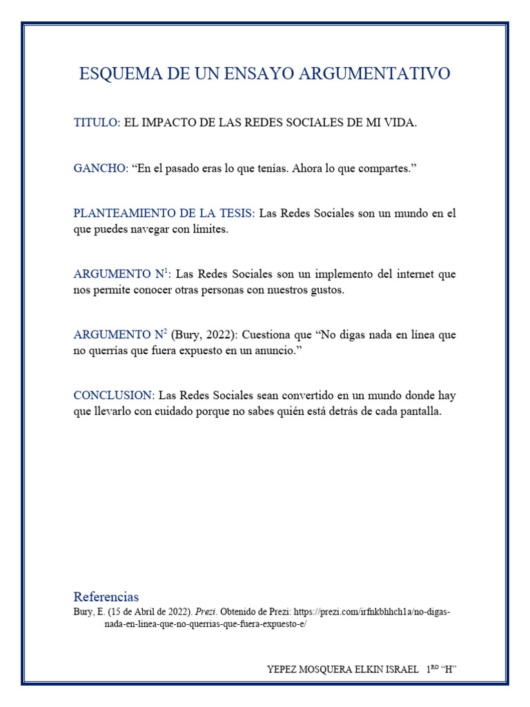 Esquema de Un Ensayo Argumentativo | PDF