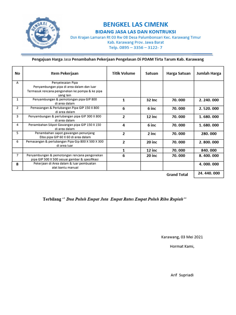 Cv. Bengkel Las Cimenk | PDF