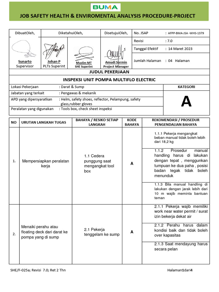 JSAP Inspeksi Unit Pompa Multiflo Electrik UP | PDF