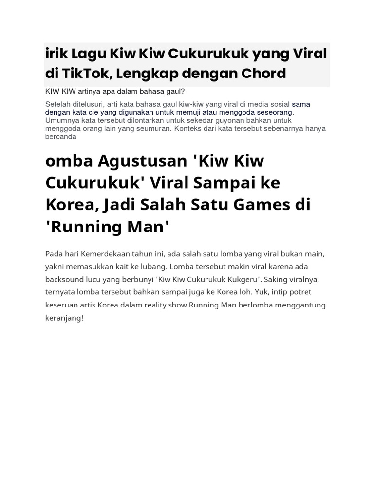 Irik Lagu Kiw Kiw Cukurukuk Yang Viral Di TikTok | PDF