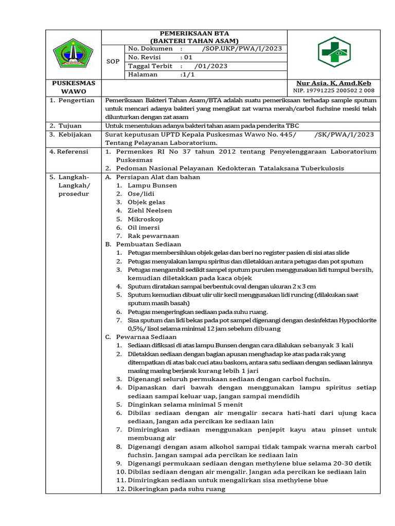Sop Pemeriksaan Bta | PDF
