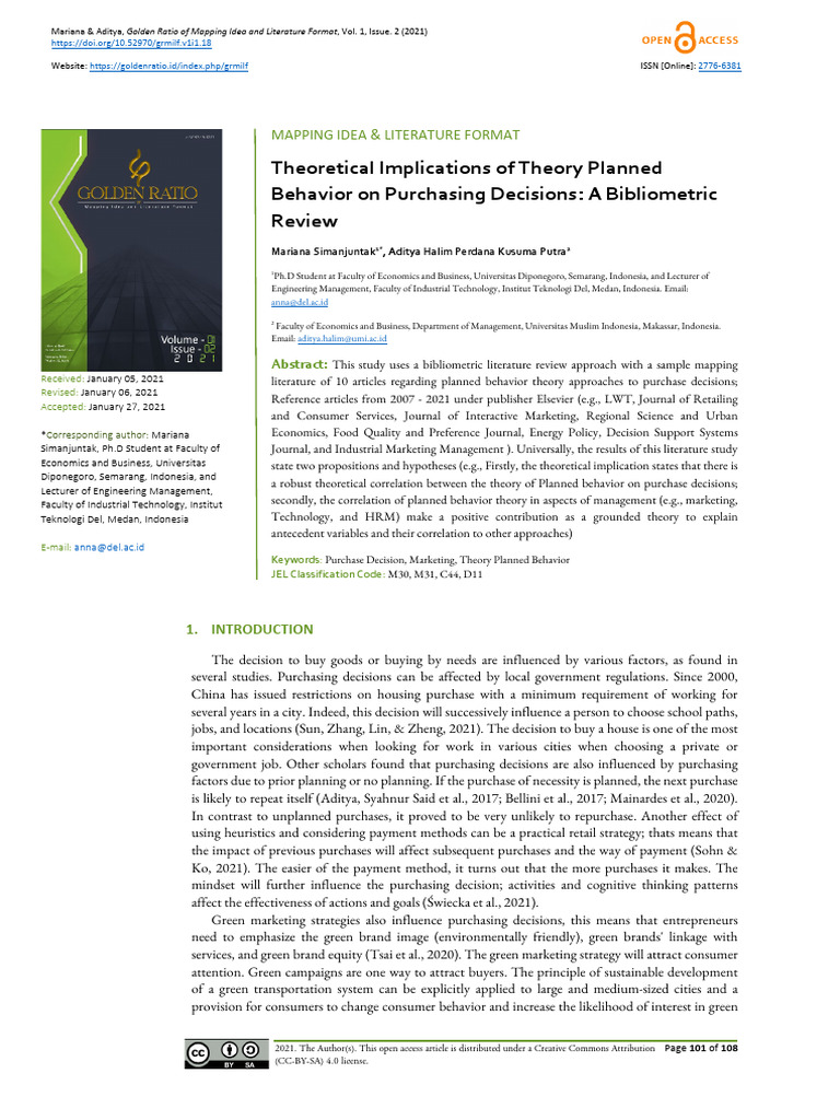 Theoretical Implications of Theory Planned Behavior on Purchasing ...