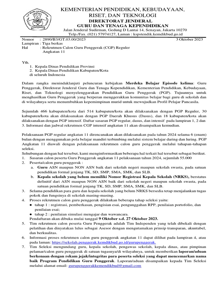 Surat Rekrutmen CGP A11 Tahun 2023 Ks Ok | PDF