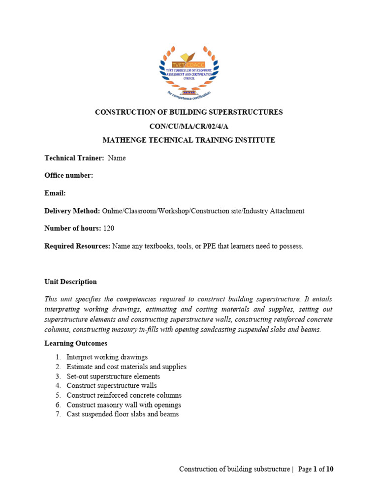 Construction of Building Superstructure Syllabus Template | PDF | Taste | Learning